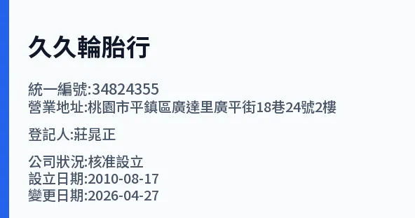 久久輪胎行的照片-統編 34824355(桃園市) 公司登記資料與營業項目詳細圖表
