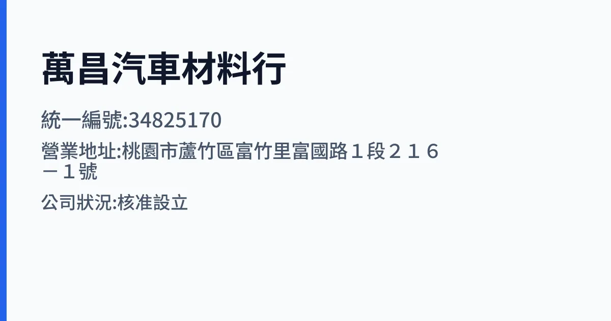 萬昌汽車材料行 - 統編 34825170(桃園市) 公司登記資料與營業項目詳細圖表