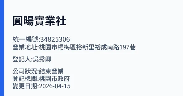 圓暘實業社的照片-統編 34825306(桃園市) 公司登記資料與營業項目詳細圖表