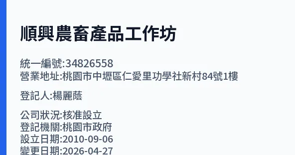 順興農畜產品工作坊的照片-統編 34826558(桃園市) 公司登記資料與營業項目詳細圖表