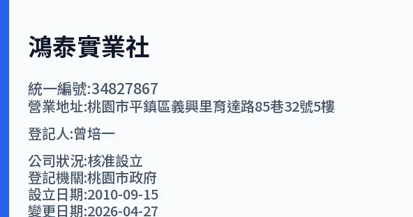 鴻泰實業社的照片-統編 34827867(桃園市) 公司登記資料與營業項目詳細圖表