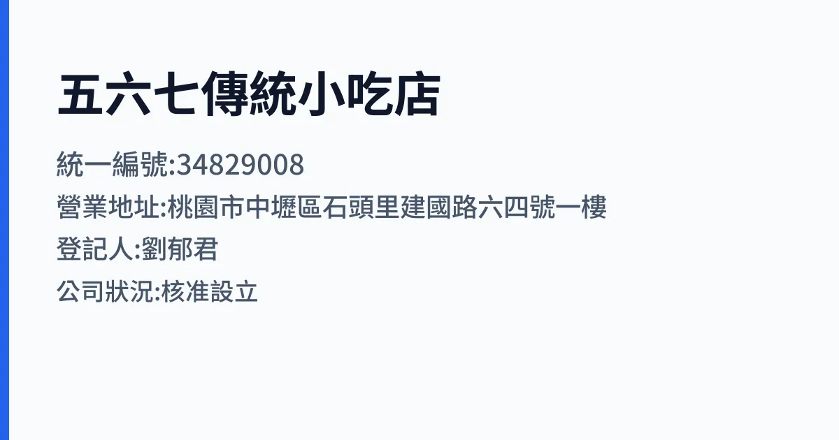 五六七傳統小吃店 - 統編 34829008(桃園市) 公司登記資料與營業項目詳細圖表