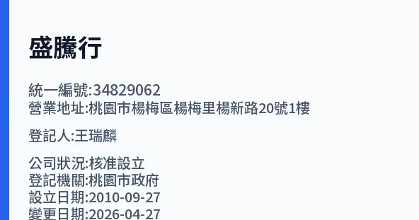 盛騰行的照片-統編 34829062(桃園市) 公司登記資料與營業項目詳細圖表