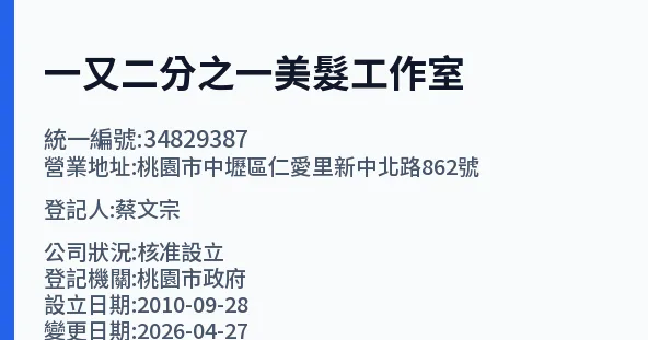 一又二分之一美髮工作室的照片-統編 34829387(桃園市) 公司登記資料與營業項目詳細圖表