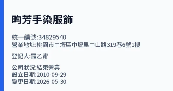 畇芳手染服飾的照片-統編 34829540(桃園市) 公司登記資料與營業項目詳細圖表