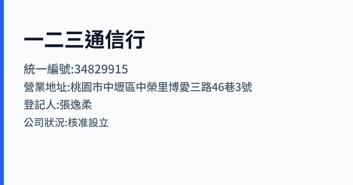 一二三通信行 - 統編 34829915(桃園市) 公司登記資料與營業項目詳細圖表