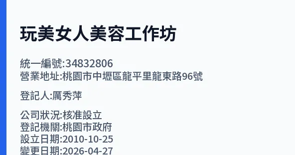 玩美女人美容工作坊的照片-統編 34832806(桃園市) 公司登記資料與營業項目詳細圖表