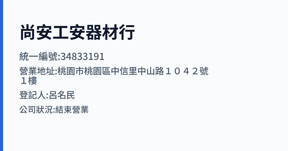 尚安工安器材行 - 統編 34833191(桃園市) 公司登記資料與營業項目詳細圖表