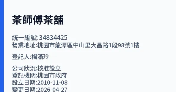 茶師傅茶舖的照片-統編 34834425(桃園市) 公司登記資料與營業項目詳細圖表
