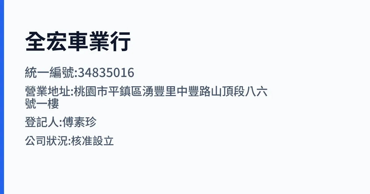 全宏車業行 - 統編 34835016(桃園市) 公司登記資料與營業項目詳細圖表