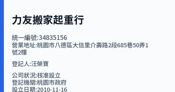 力友搬家起重行的照片-統編 34835156(桃園市) 公司登記資料與營業項目詳細圖表