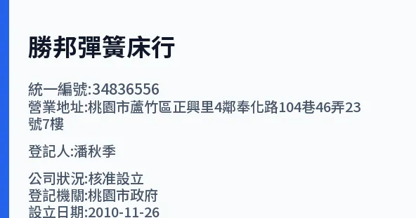 勝邦彈簧床行的照片-統編 34836556(桃園市) 公司登記資料與營業項目詳細圖表