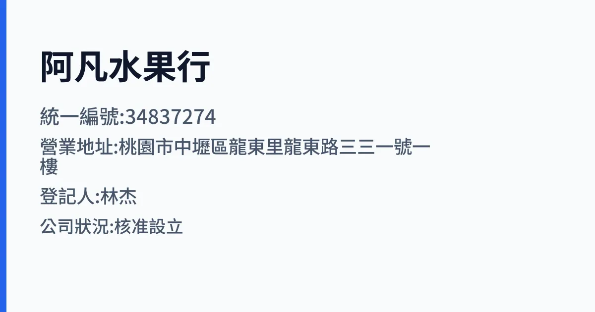 阿凡水果行 - 統編 34837274(桃園市) 公司登記資料與營業項目詳細圖表