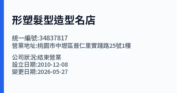 形塑髮型造型名店的照片-統編 34837817(桃園市) 公司登記資料與營業項目詳細圖表