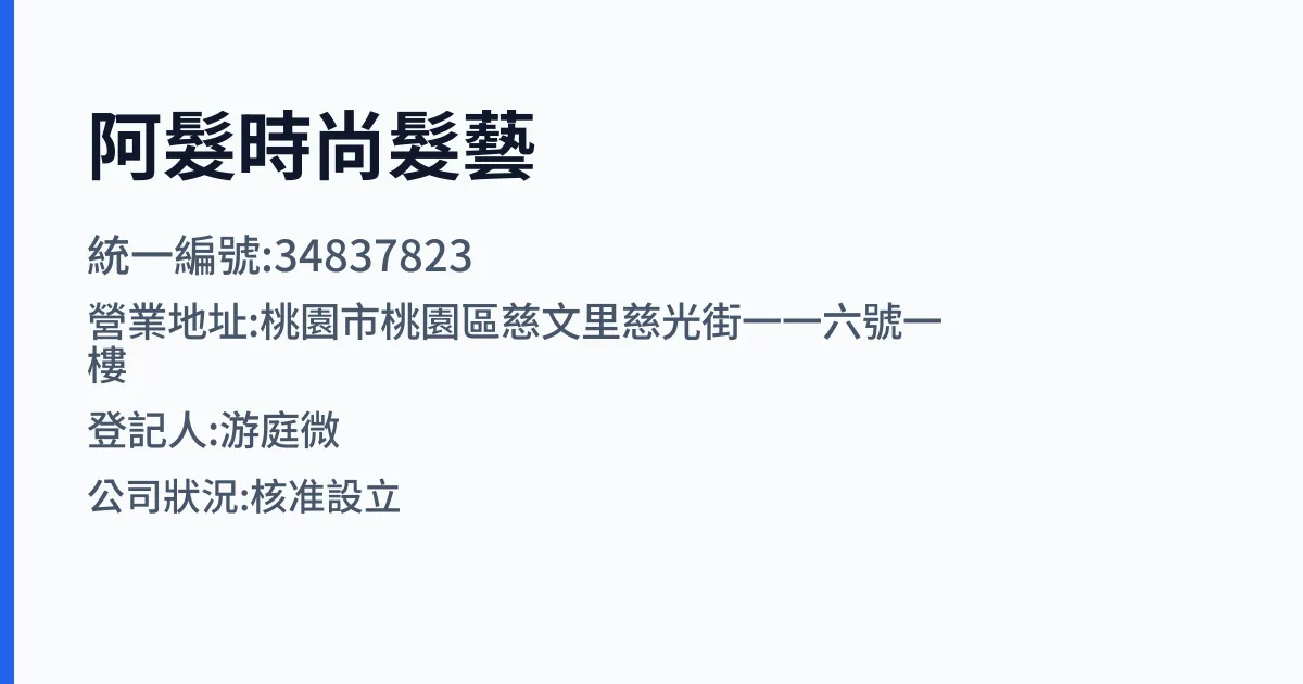 阿髮時尚髮藝 - 統編 34837823(桃園市) 公司登記資料與營業項目詳細圖表