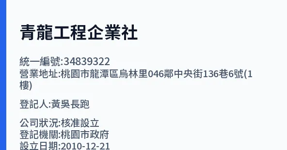 青龍工程企業社的照片-統編 34839322(桃園市) 公司登記資料與營業項目詳細圖表