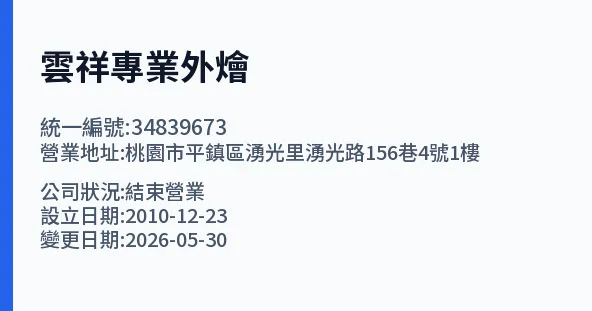 雲祥專業外燴的照片-統編 34839673(桃園市) 公司登記資料與營業項目詳細圖表