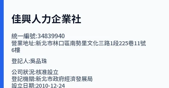 佳興人力企業社的照片-統編 34839940(新北市) 公司登記資料與營業項目詳細圖表