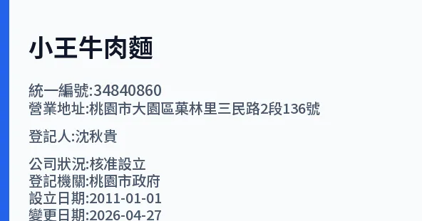 小王牛肉麵的照片-統編 34840860(桃園市) 公司登記資料與營業項目詳細圖表