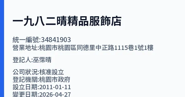 一九八二晴精品服飾店的照片-統編 34841903(桃園市) 公司登記資料與營業項目詳細圖表