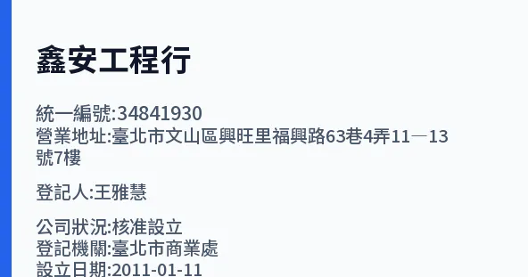 鑫安工程行的照片-統編 34841930(臺北市) 公司登記資料與營業項目詳細圖表