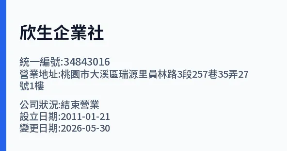 欣生企業社的照片-統編 34843016(桃園市) 公司登記資料與營業項目詳細圖表