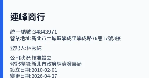 連峰商行的照片-統編 34843971(新北市) 公司登記資料與營業項目詳細圖表