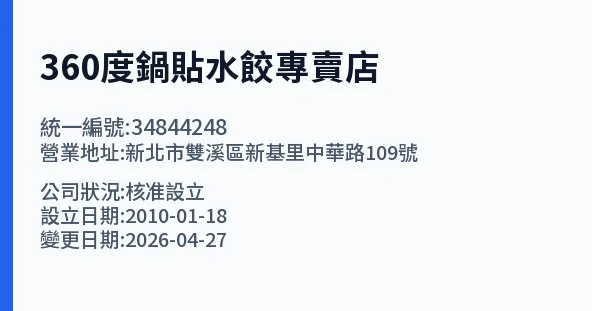 360度鍋貼水餃專賣店的照片-統編 34844248(新北市) 公司登記資料與營業項目詳細圖表