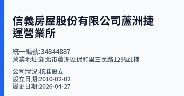 信義房屋股份有限公司蘆洲捷運營業所的照片-統編 34844887(新北市) 公司登記資料與營業項目詳細圖表