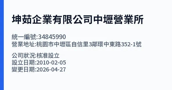 坤茹企業有限公司中壢營業所的照片-統編 34845990(桃園市) 公司登記資料與營業項目詳細圖表