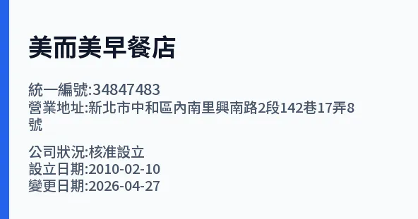美而美早餐店的照片-統編 34847483(新北市) 公司登記資料與營業項目詳細圖表