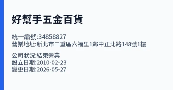 好幫手五金百貨的照片-統編 34858827(新北市) 公司登記資料與營業項目詳細圖表