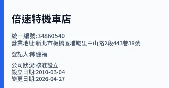 倍速特機車店的照片-統編 34860540(新北市) 公司登記資料與營業項目詳細圖表