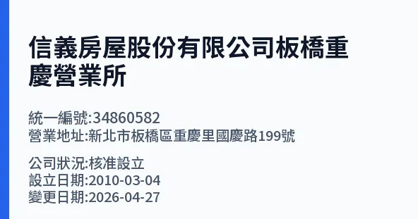 信義房屋股份有限公司板橋重慶營業所的照片-統編 34860582(新北市) 公司登記資料與營業項目詳細圖表