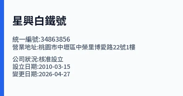 星興白鐵號的照片-統編 34863856(桃園市) 公司登記資料與營業項目詳細圖表