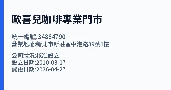 歐喜兒咖啡專業門市的照片-統編 34864790(新北市) 公司登記資料與營業項目詳細圖表