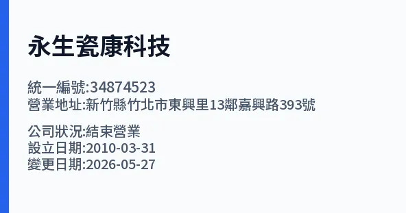 永生瓷康科技的照片-統編 34874523(新竹縣) 公司登記資料與營業項目詳細圖表