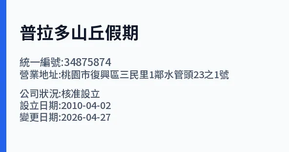 普拉多山丘假期的照片-統編 34875874(桃園市) 公司登記資料與營業項目詳細圖表