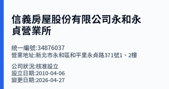 信義房屋股份有限公司永和永貞營業所的照片-統編 34876037(新北市) 公司登記資料與營業項目詳細圖表