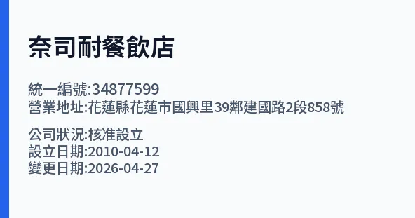 奈司耐餐飲店的照片-統編 34877599(花蓮縣) 公司登記資料與營業項目詳細圖表