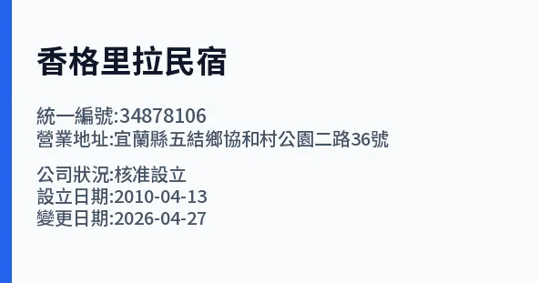 香格里拉民宿的照片-統編 34878106(宜蘭縣) 公司登記資料與營業項目詳細圖表
