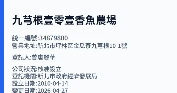 九芎根壹零壹香魚農場的照片-統編 34879800(新北市) 公司登記資料與營業項目詳細圖表