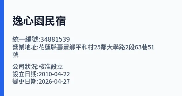 逸心園民宿的照片-統編 34881539(花蓮縣) 公司登記資料與營業項目詳細圖表