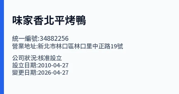 味家香北平烤鴨的照片-統編 34882256(新北市) 公司登記資料與營業項目詳細圖表