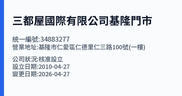 三都屋國際有限公司基隆門市的照片-統編 34883277(基隆市) 公司登記資料與營業項目詳細圖表