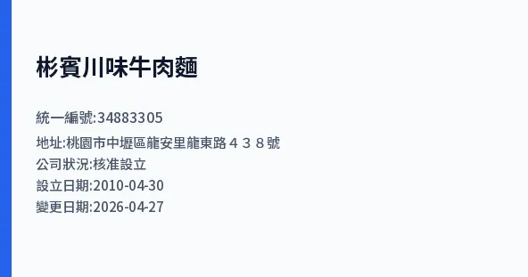 彬賓川味牛肉麵的照片-統編 34883305(桃園市) 公司登記資料與營業項目詳細圖表