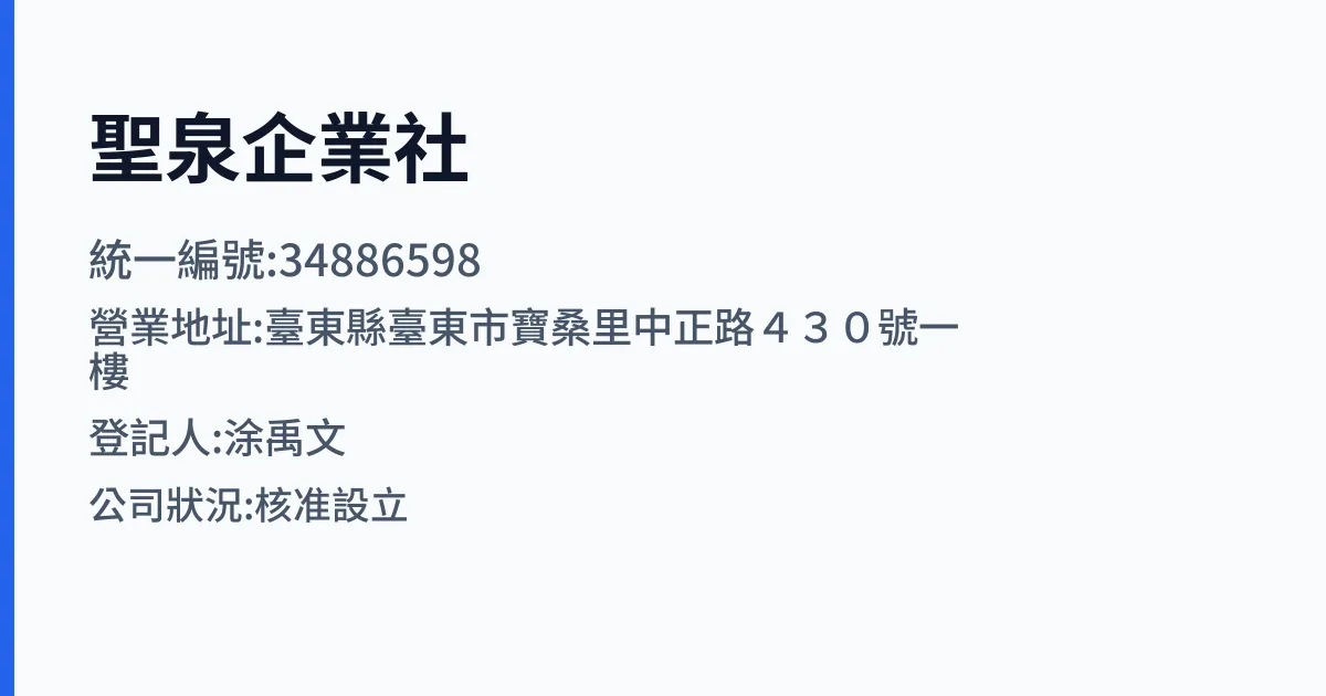 聖泉企業社 - 統編 34886598(臺東縣) 公司登記資料與營業項目詳細圖表