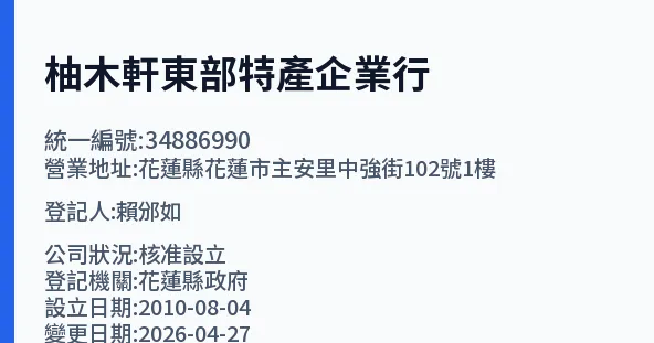 柚木軒東部特產企業行的照片-統編 34886990(花蓮縣) 公司登記資料與營業項目詳細圖表