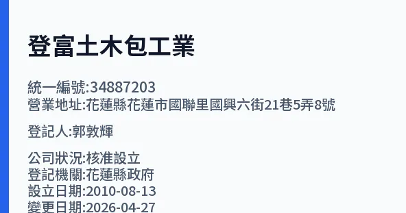 登富土木包工業的照片-統編 34887203(花蓮縣) 公司登記資料與營業項目詳細圖表
