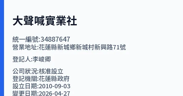 大聲喊實業社的照片-統編 34887647(花蓮縣) 公司登記資料與營業項目詳細圖表